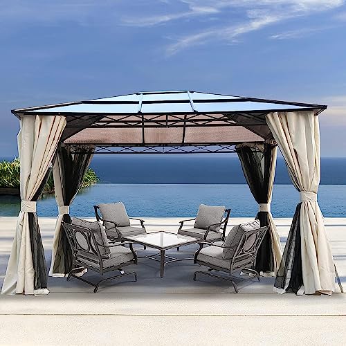Grand patio 10x12 FT Gazebos, Hardtop Gazebo with Netting and Curtain, Aluminum Frame Polycarbonate Hard Top Gazebo for Patio, Garden, Deck, Lawn