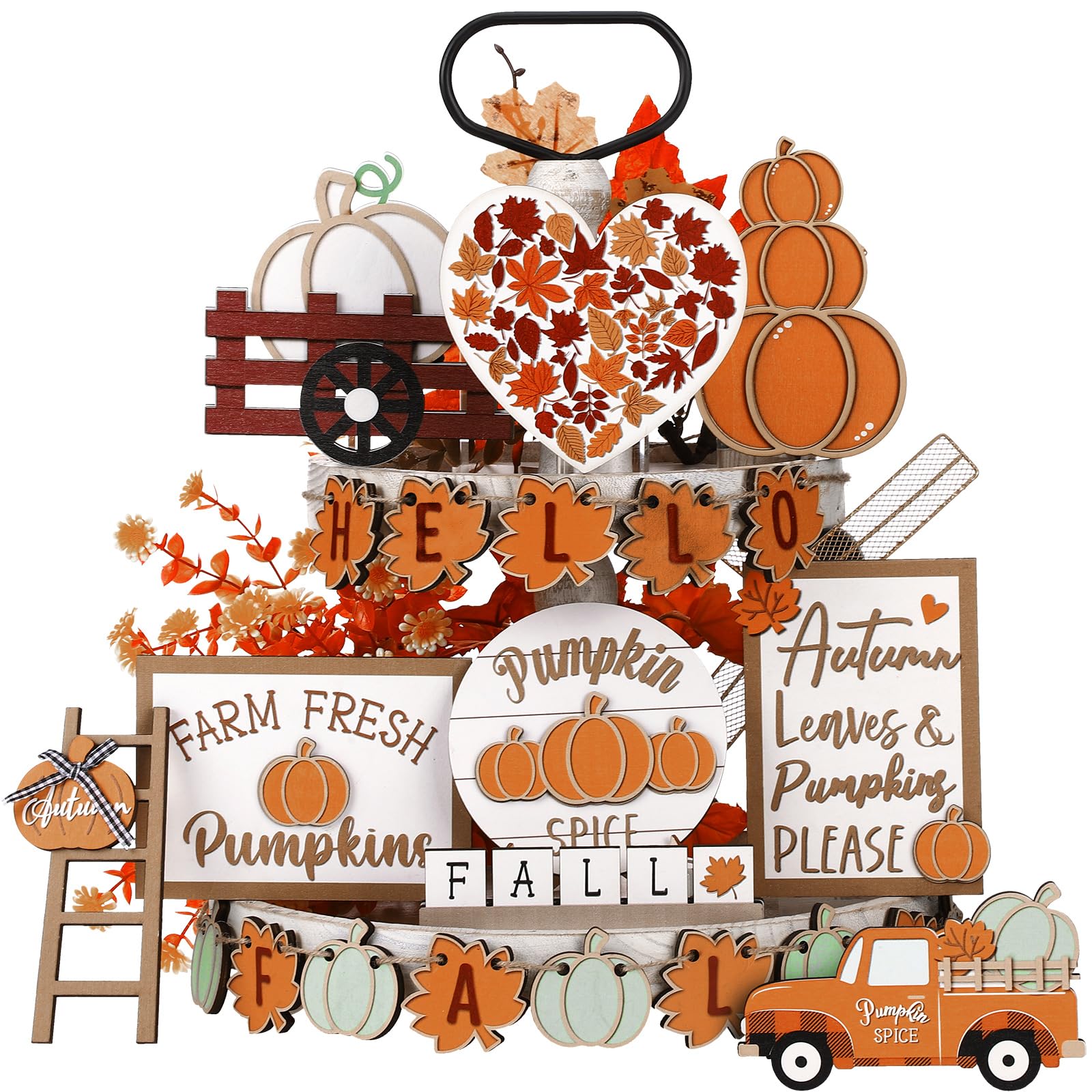 23-Piece Fall Tiered Tray Decoration Set - Thanksgiving Pumpkin Maple Leaf Truck Wooden Sign Rustic Farmhouse Tray Decoration Tabletop Sign Holiday