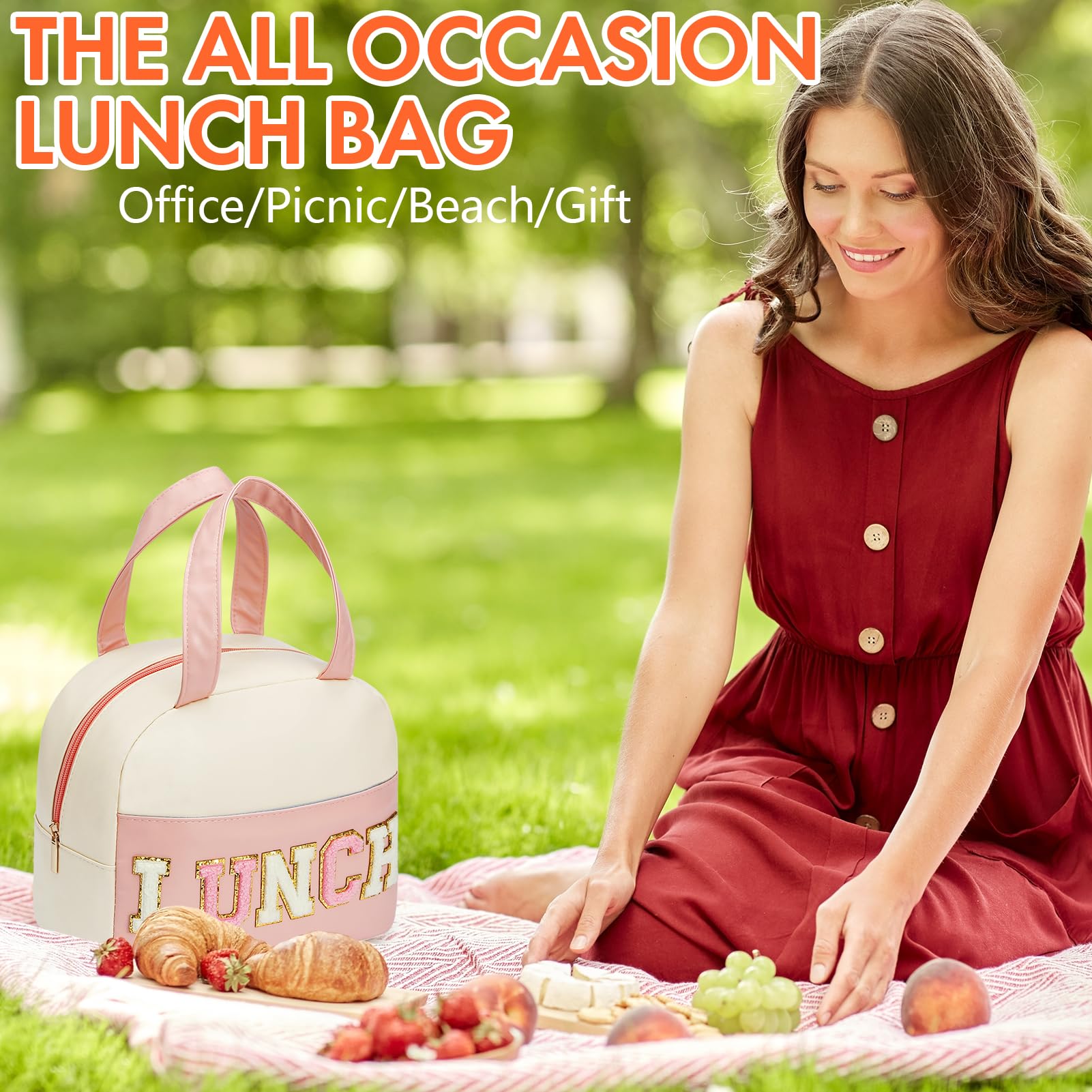 Lunch Bag for Women Insulated Lunch Bag For Men PU leather Small Lunch Bag for Office Work lunch Bag with Chenille Letters Leakproof Freezable Cooler Bag Reusable Portable Lunch Box (White&Pink)