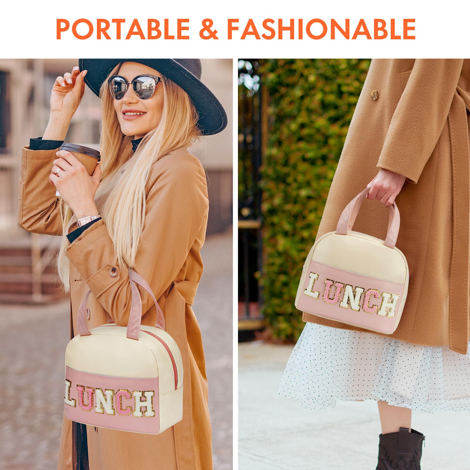 Lunch Bag for Women Insulated Lunch Bag For Men PU leather Small Lunch Bag for Office Work lunch Bag with Chenille Letters Leakproof Freezable Cooler Bag Reusable Portable Lunch Box (White&Pink)
