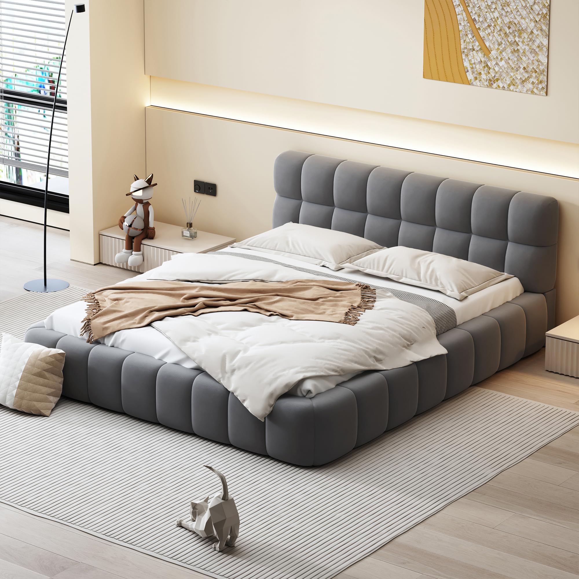 DNYN Queen Size Upholstered Platform Bed with Thick Fabric for Kids/Adults,Solid Wood Bedframe w/Wood Slat Support & Easy Assembly & No Box Spring Needed,Perfect for Dorm,Bedroom,Guest Room, Gray