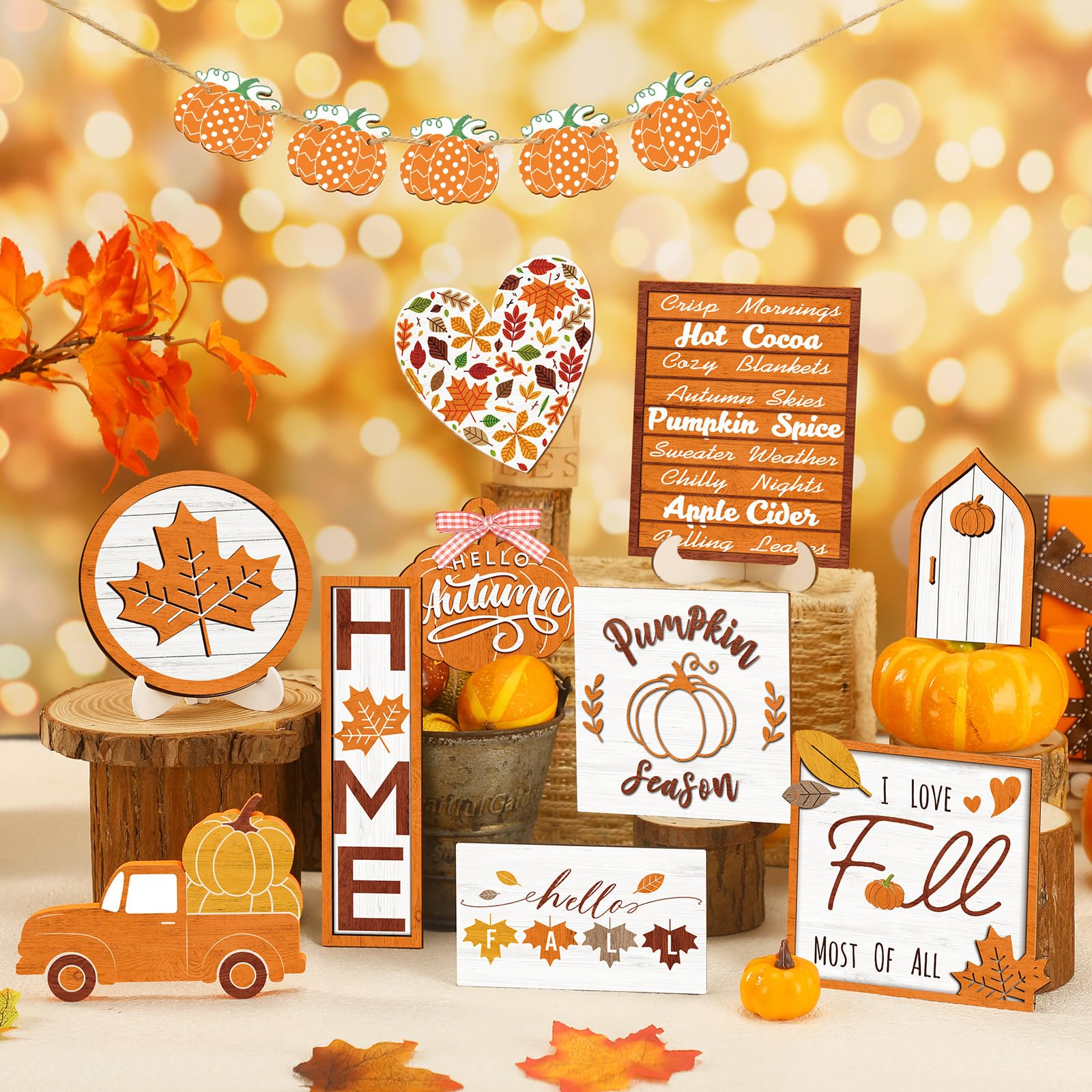 Amyhill 15 Pcs Thanksgiving Tiered Tray Decor Set Fall Tiered Tray Decor Rustic Pumpkin Maple Leaf Truck Table Centerpieces Harvest Wood Blocks Signs for Home Fall Decorations
