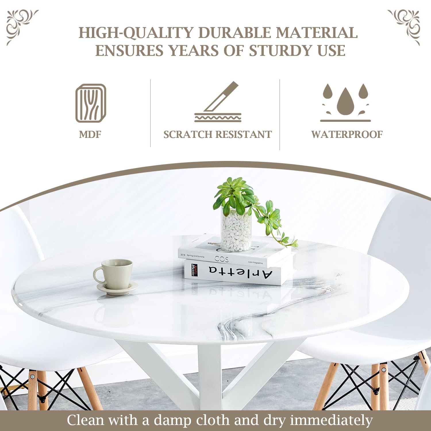 Modern Round Marble Dining Table 42.12" with MDF Table Top & Pedestal Base, Mid-Century White Kitchen Table Leisure Coffee Table Office Living Room Table