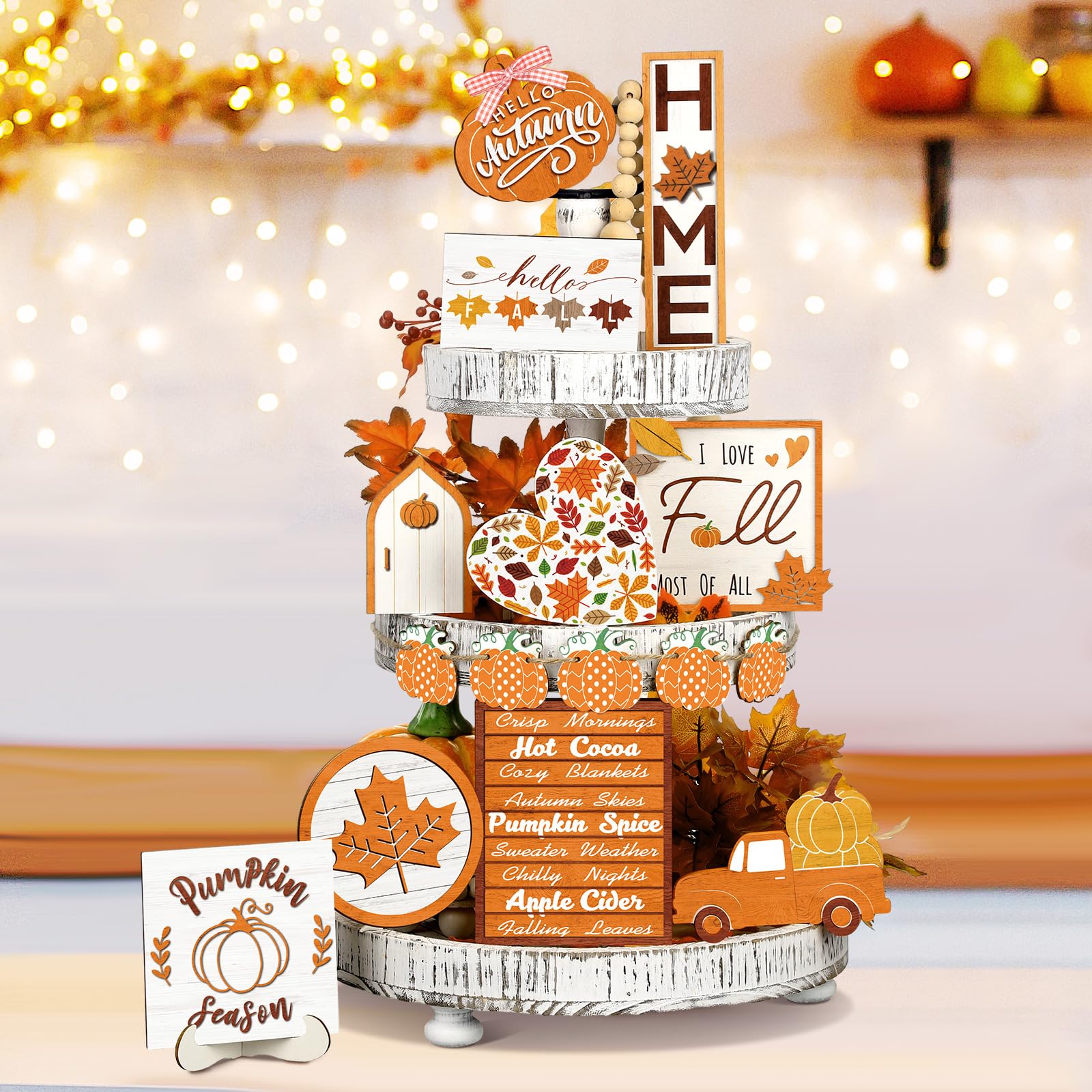 Amyhill 15 Pcs Thanksgiving Tiered Tray Decor Set Fall Tiered Tray Decor Rustic Pumpkin Maple Leaf Truck Table Centerpieces Harvest Wood Blocks Signs for Home Fall Decorations