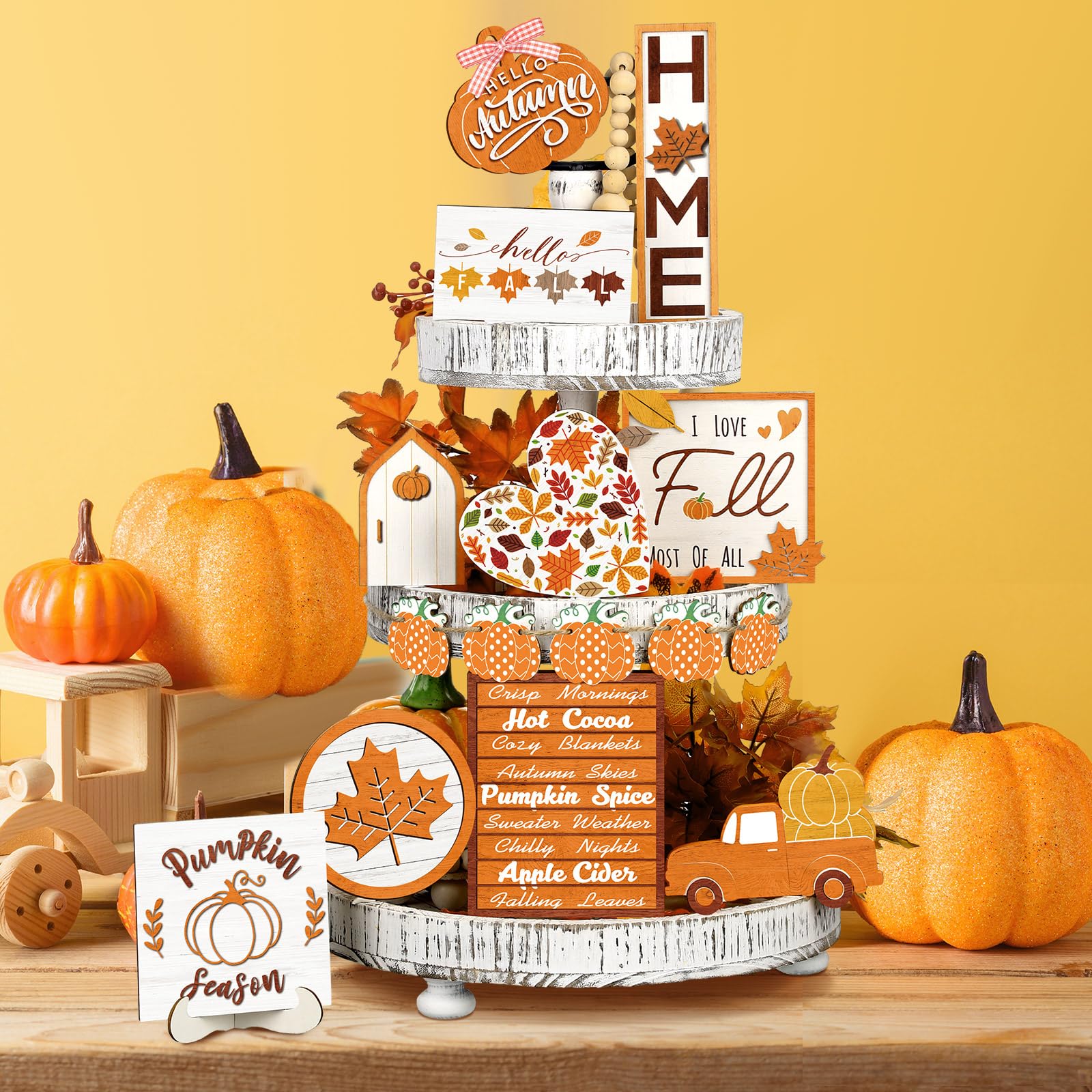 Amyhill 15 Pcs Thanksgiving Tiered Tray Decor Set Fall Tiered Tray Decor Rustic Pumpkin Maple Leaf Truck Table Centerpieces Harvest Wood Blocks Signs for Home Fall Decorations