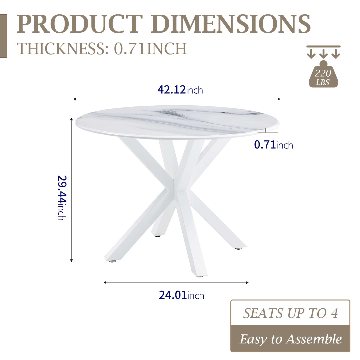 Modern Round Marble Dining Table 42.12" with MDF Table Top & Pedestal Base, Mid-Century White Kitchen Table Leisure Coffee Table Office Living Room Table