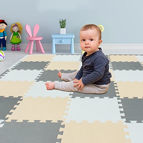 Yostrong® 16 Tiles Interlocking Puzzle Foam Baby Play Mat with Straight Edges for Playing - EVA Babies Crawling Mat | Rubber Floor Work out Mats for Home Gym. White, Beige, Gray. YOC-AJLb16S16