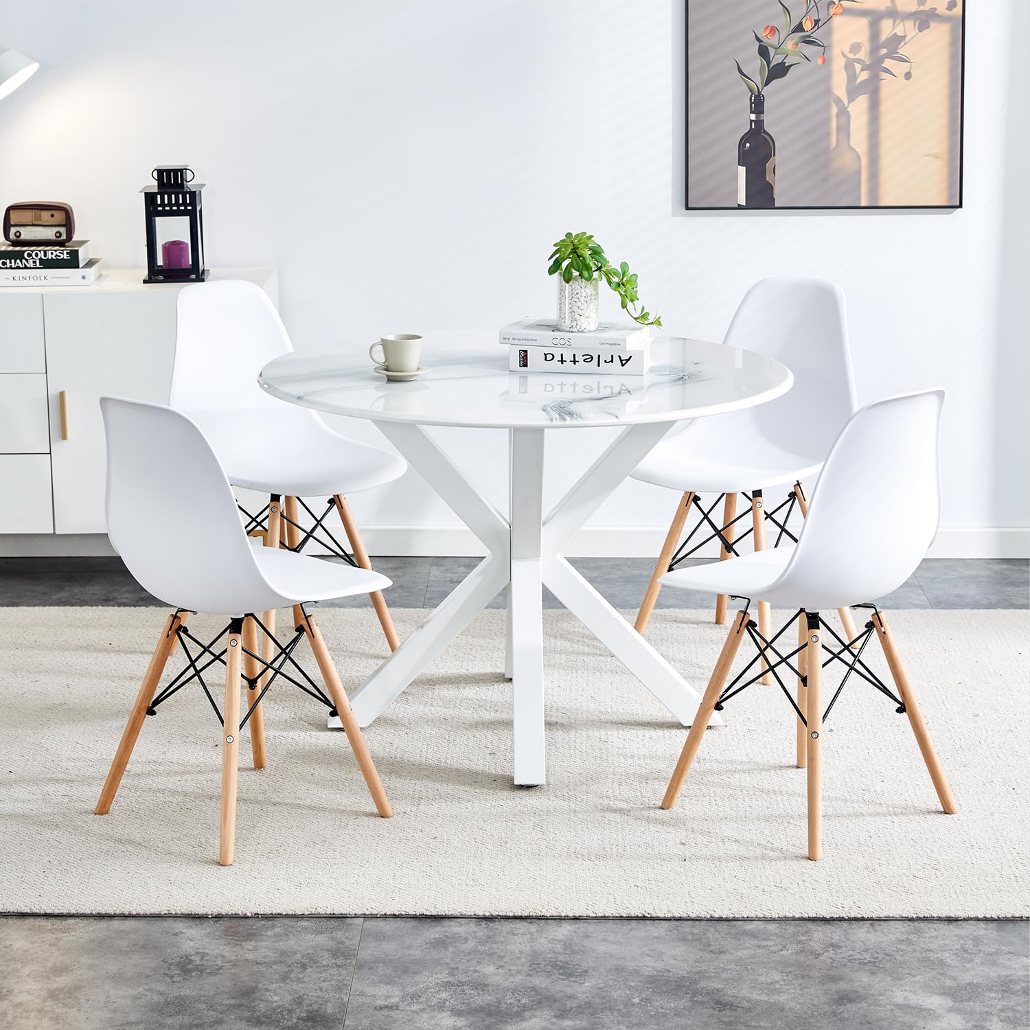 Modern Round Marble Dining Table 42.12" with MDF Table Top & Pedestal Base, Mid-Century White Kitchen Table Leisure Coffee Table Office Living Room Table