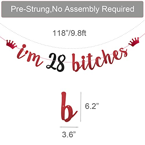ZHAOFEIHN Red Glitter I'm 28 Bitches Banner, Pre-Strung,Red Paper Glitter Garlands for 28th Birthday Party Decorations, Letters Red,I'm 28 Bitches