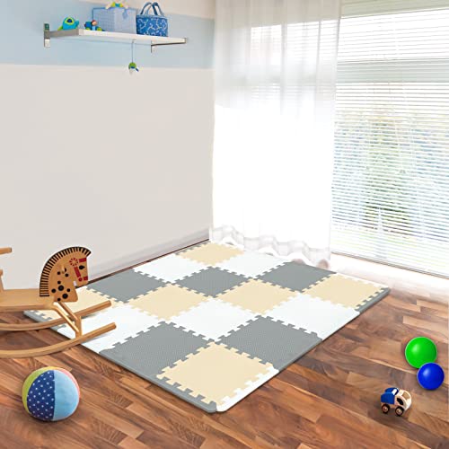 Yostrong® 16 Tiles Interlocking Puzzle Foam Baby Play Mat with Straight Edges for Playing - EVA Babies Crawling Mat | Rubber Floor Work out Mats for Home Gym. White, Beige, Gray. YOC-AJLb16S16