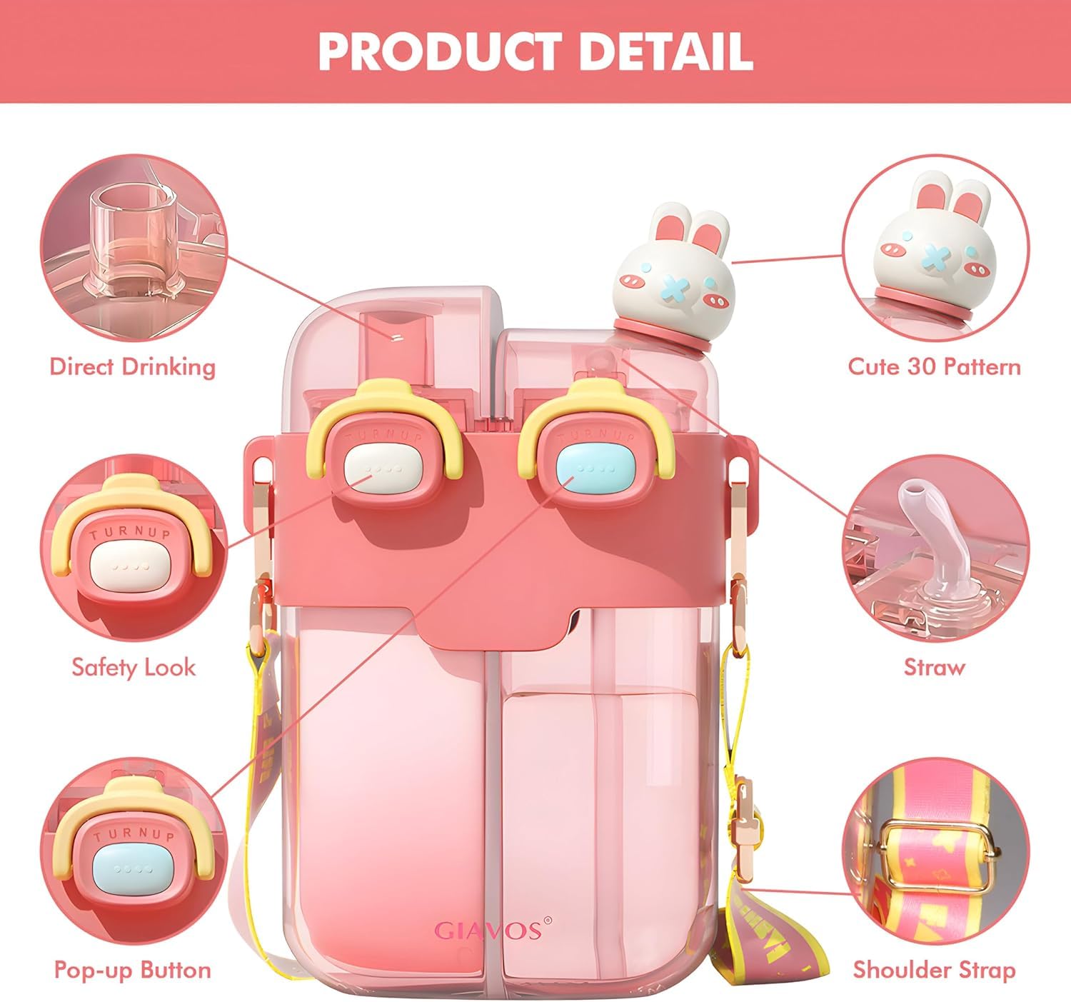 HiGropcore Kawaii Water Bottle Cute Water Bottles with Straw, Double Chamber Water Bottle with Adjustable Strap and Kawaii 3D Stickers, Portable Leakproof Water Jug, 26oz