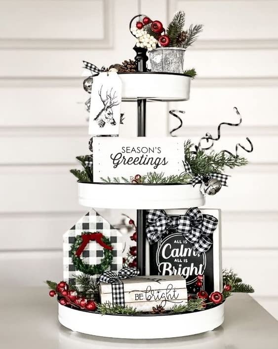 MODE HOME Decorative 3 Tiered Metal Tray Stand with Handle for Kitchen, Dining Room, Bathroom, Shelf Coffee Bar Table, Modern Farmhouse Seasonal Display Tiered Tray Decor, Black and White