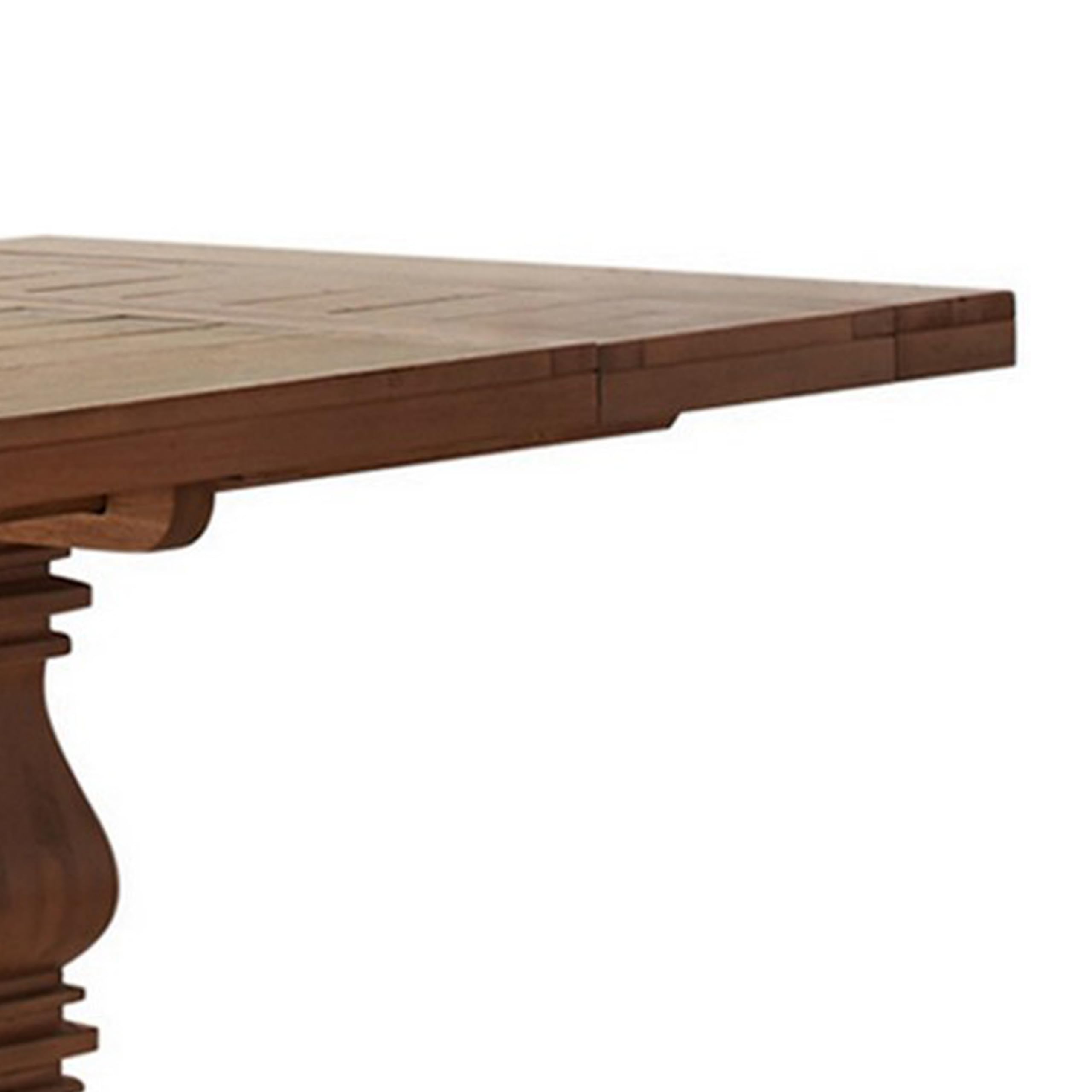 Benjara Som 94-126 Inch Dining Table, 2 Draw Leaf Extension, Pedestal, Brown Wood