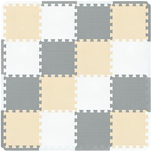 Yostrong® 16 Tiles Interlocking Puzzle Foam Baby Play Mat with Straight Edges for Playing - EVA Babies Crawling Mat | Rubber Floor Work out Mats for Home Gym. White, Beige, Gray. YOC-AJLb16S16