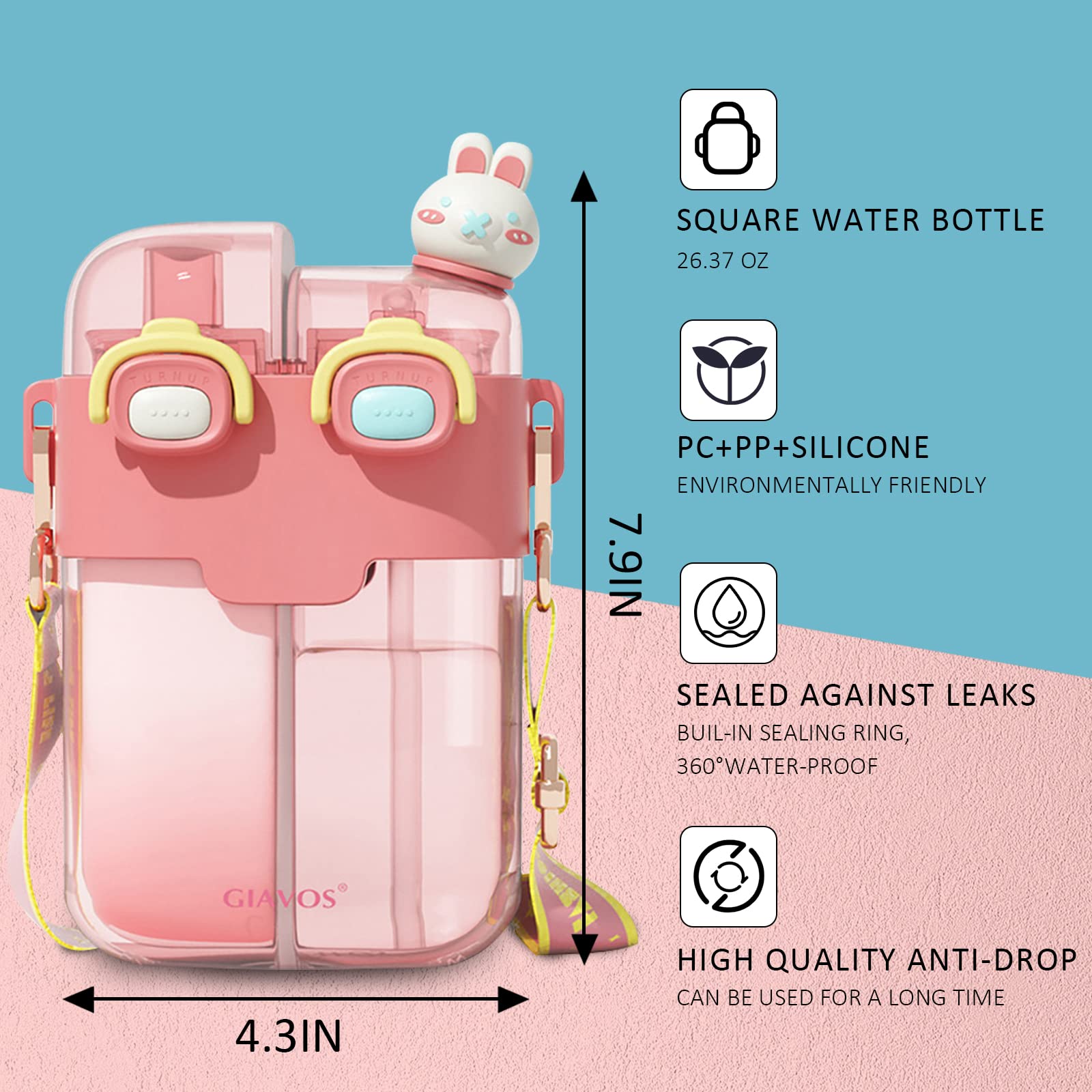 HiGropcore Kawaii Water Bottle Cute Water Bottles with Straw, Double Chamber Water Bottle with Adjustable Strap and Kawaii 3D Stickers, Portable Leakproof Water Jug, 26oz