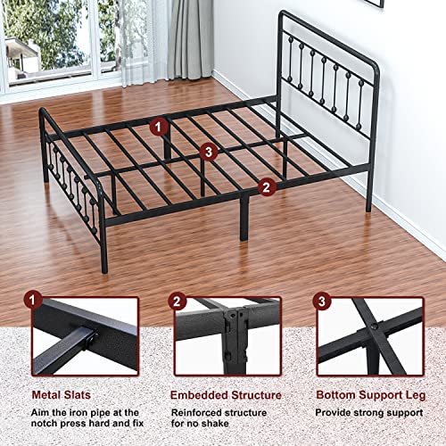 Noillats Metal Queen Bed Frame, Vintage Headboard and Footboard, Sturdy Steel Strip Support Mattress Base, No Box Spring Required, Easy to Assemble, Steel Grey