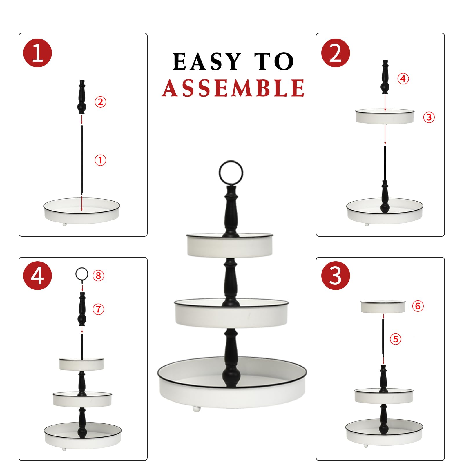 MODE HOME Decorative 3 Tiered Metal Tray Stand with Handle for Kitchen, Dining Room, Bathroom, Shelf Coffee Bar Table, Modern Farmhouse Seasonal Display Tiered Tray Decor, Black and White