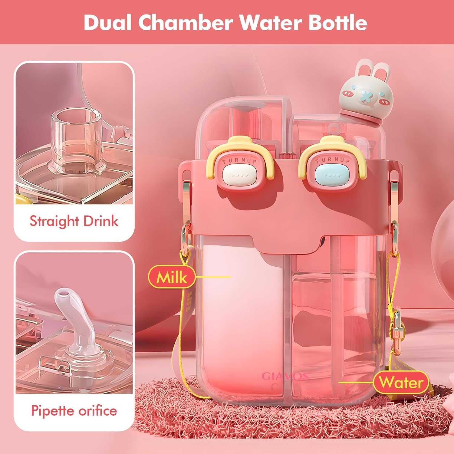 HiGropcore Kawaii Water Bottle Cute Water Bottles with Straw, Double Chamber Water Bottle with Adjustable Strap and Kawaii 3D Stickers, Portable Leakproof Water Jug, 26oz