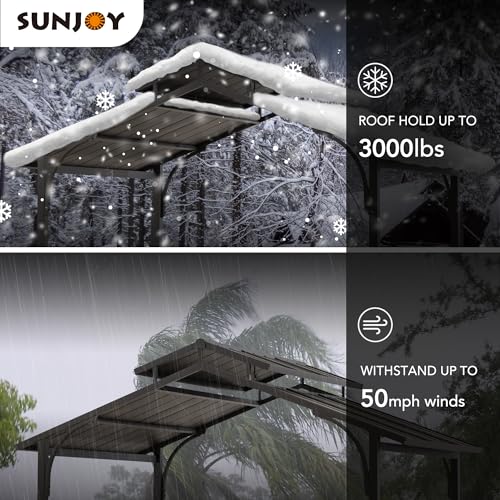 Sunjoy Grill Gazebo 5 ft. x 8 ft. Brown Steel Frame Double Tiered Hardtop Gazebo with Ceiling Hook and Shelves