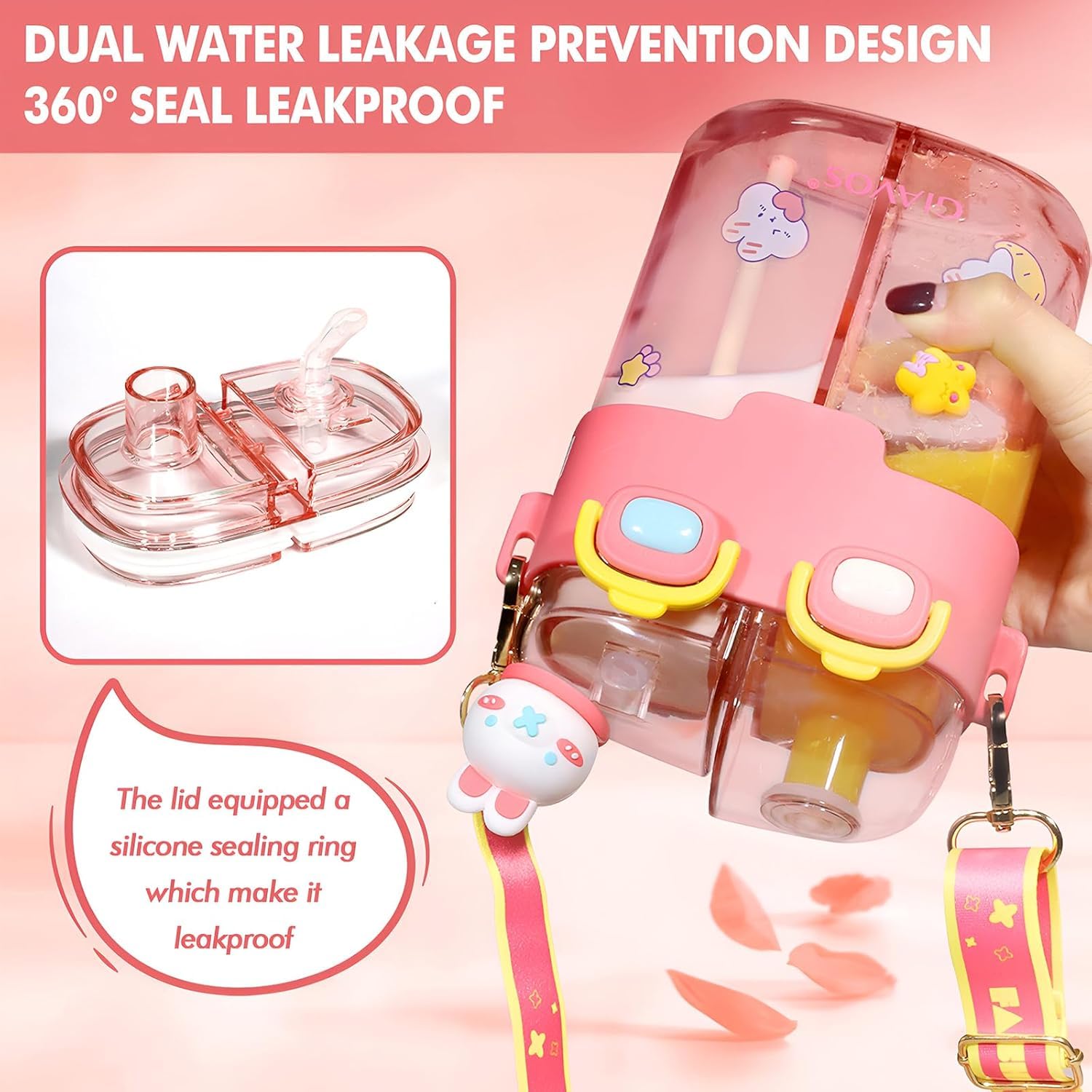 HiGropcore Kawaii Water Bottle Cute Water Bottles with Straw, Double Chamber Water Bottle with Adjustable Strap and Kawaii 3D Stickers, Portable Leakproof Water Jug, 26oz