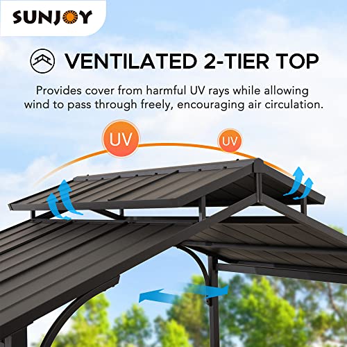 Sunjoy Grill Gazebo 5 ft. x 8 ft. Brown Steel Frame Double Tiered Hardtop Gazebo with Ceiling Hook and Shelves