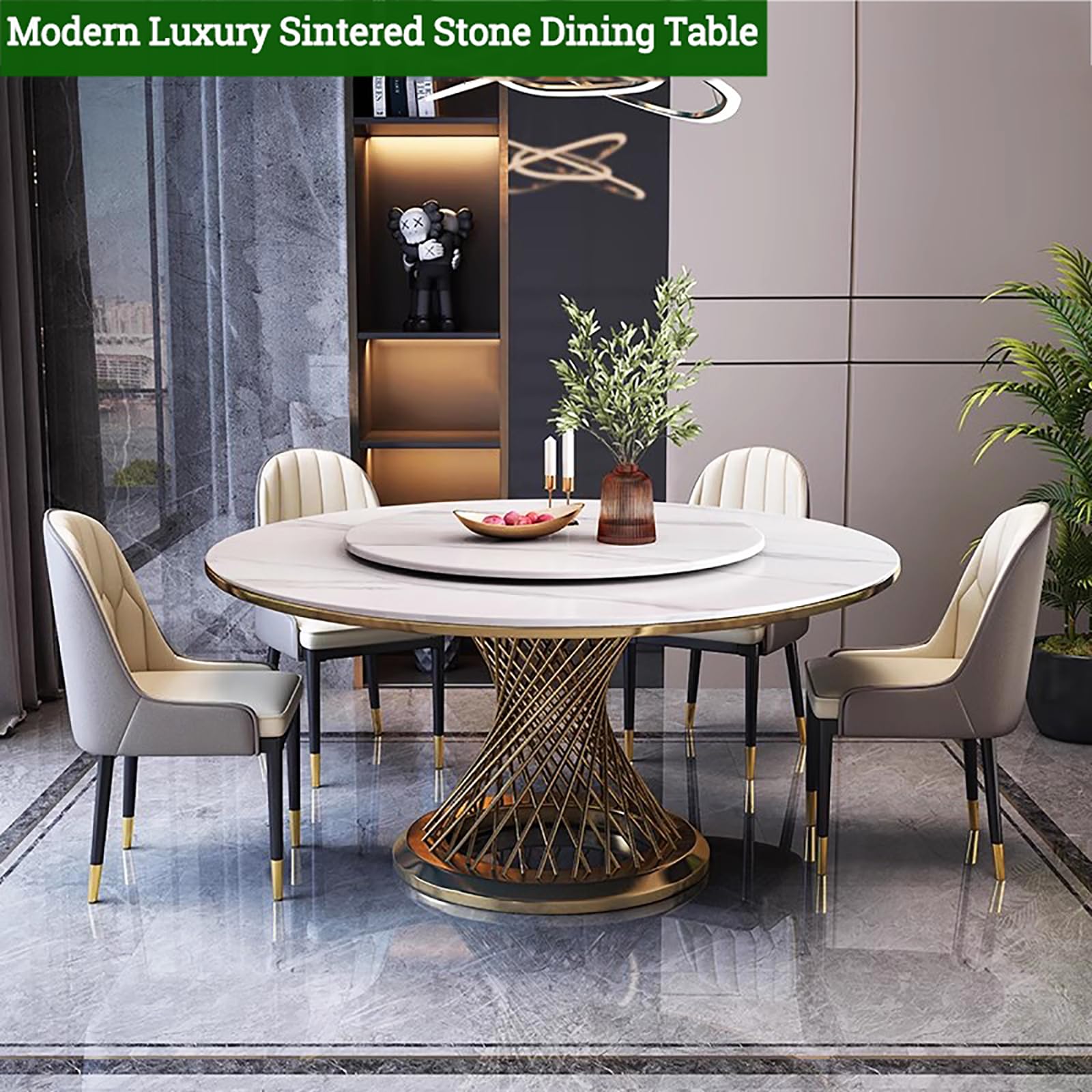 Round Sintered Stone Dining Table with Lazy Susan,Modern Kitchen & Dining Room Tables with Metal Metal Base,Circular Marble Pedestal Dining Table - Table Only(59.1" L x 59.1" W x 29.5" H, Gray)