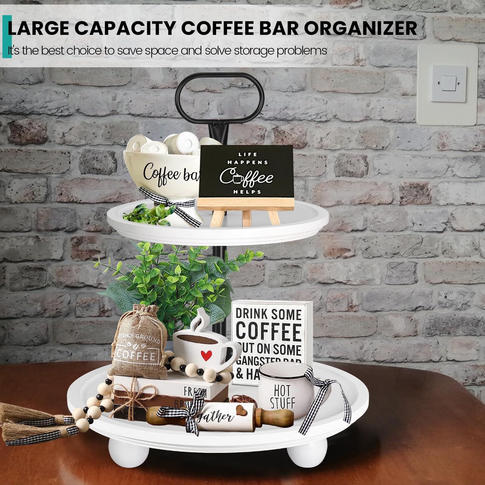 Farmhouse Tiered Tray Decor 2 Tier Tray with Handle, Wood Serving Tray for Kitchen Coffee Bar Table, Dessert Table Display Tray Cupcake Stand Perfect for Wedding Party Home Decor Display