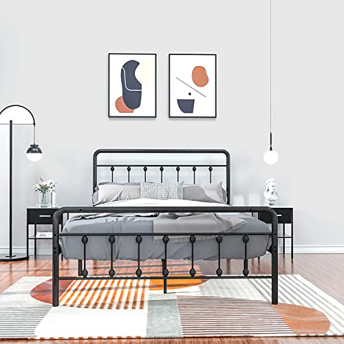 Noillats Metal Queen Bed Frame, Vintage Headboard and Footboard, Sturdy Steel Strip Support Mattress Base, No Box Spring Required, Easy to Assemble, Steel Grey