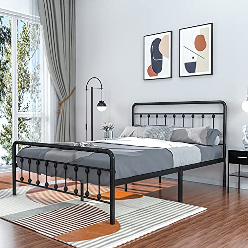 Noillats Metal Queen Bed Frame, Vintage Headboard and Footboard, Sturdy Steel Strip Support Mattress Base, No Box Spring Required, Easy to Assemble, Steel Grey