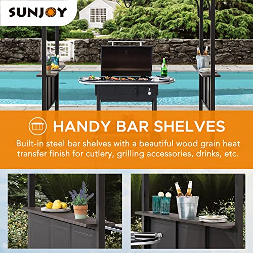 Sunjoy Grill Gazebo 5 ft. x 8 ft. Brown Steel Frame Double Tiered Hardtop Gazebo with Ceiling Hook and Shelves