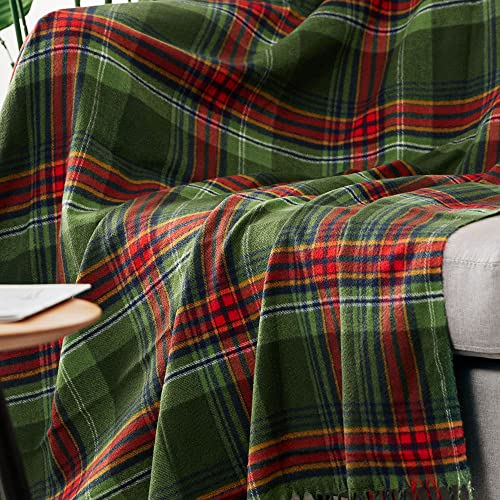 LALIFIT Soft Fluffy Green Red Plaid Fringe Blanket, Lightweight Throw with Tassels for Home Decor, 50" x 60"