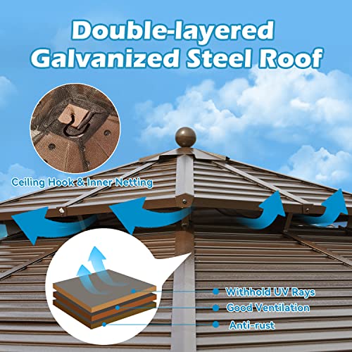 GAZEBEST 12' X 12' Permanent Hardtop Gazebo, Outdoor Galvanized Steel Double Roof Pavilion Pergola Canopy with Aluminum Frame Nettings and Curtains for Garden, Patio, Backyard, Deck and Lawns.