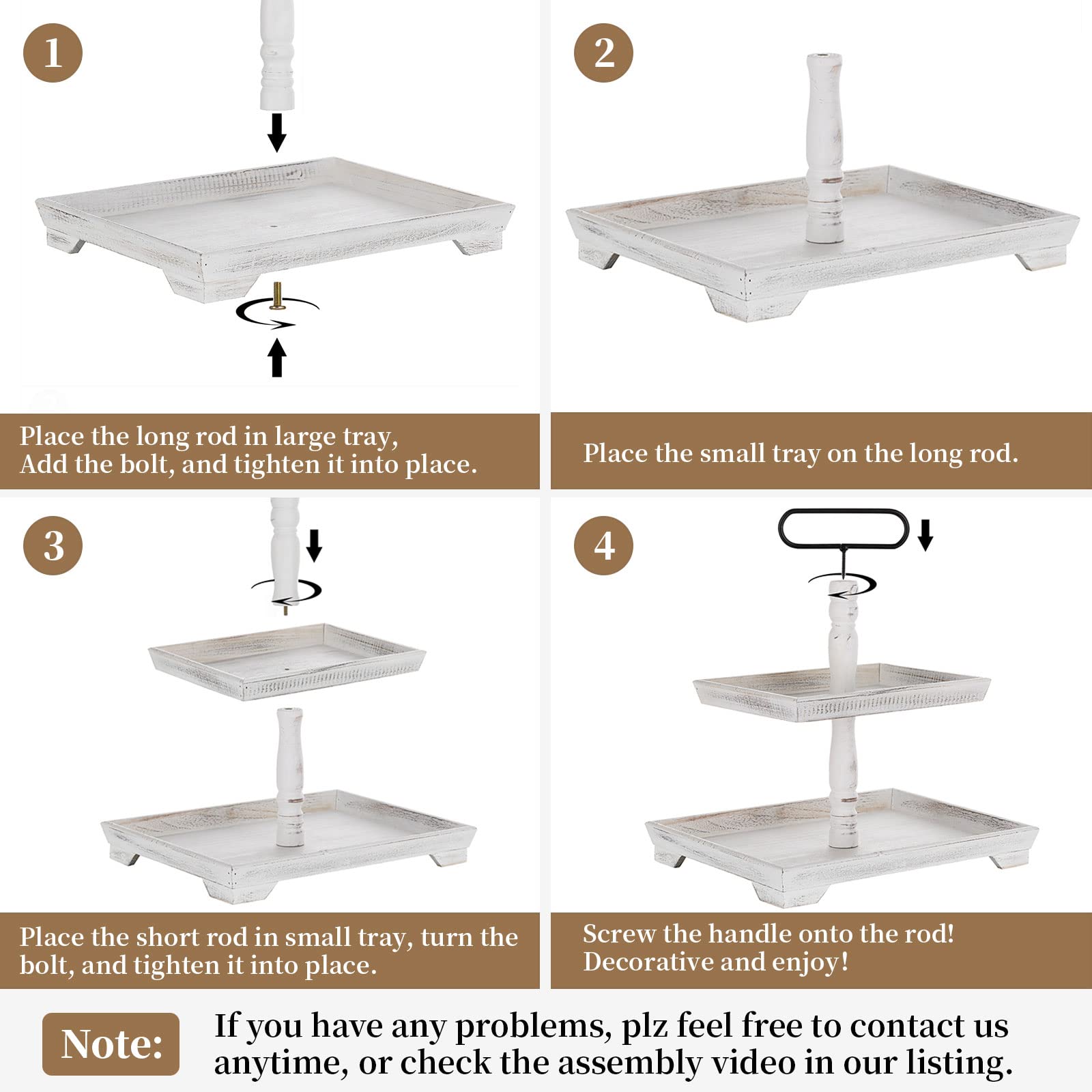Hanobe Tiered Tray for Table Decor: 2 Tier Serving Stand Farmhouse Decorative Tray for Coffee Bar Centerpiece Rectangle Wood Display Stands Kitchen Counter (White)