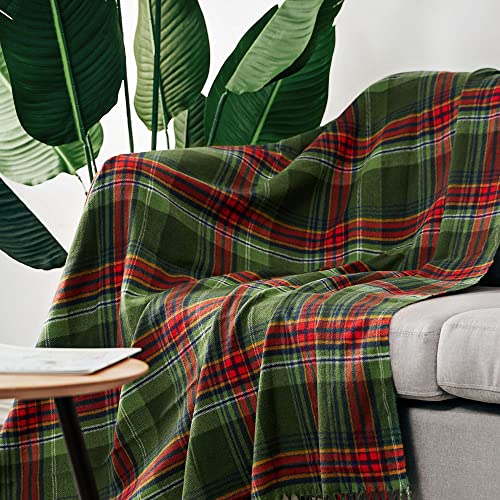 LALIFIT Soft Fluffy Green Red Plaid Fringe Blanket, Lightweight Throw with Tassels for Home Decor, 50" x 60"