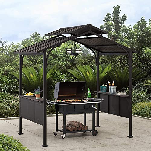 Sunjoy Grill Gazebo 5 ft. x 8 ft. Brown Steel Frame Double Tiered Hardtop Gazebo with Ceiling Hook and Shelves