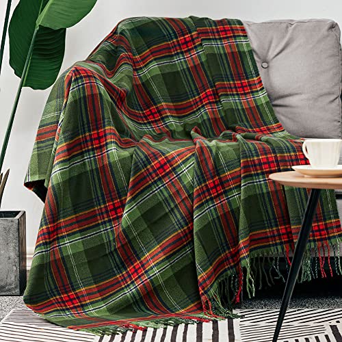 LALIFIT Soft Fluffy Green Red Plaid Fringe Blanket, Lightweight Throw with Tassels for Home Decor, 50" x 60"