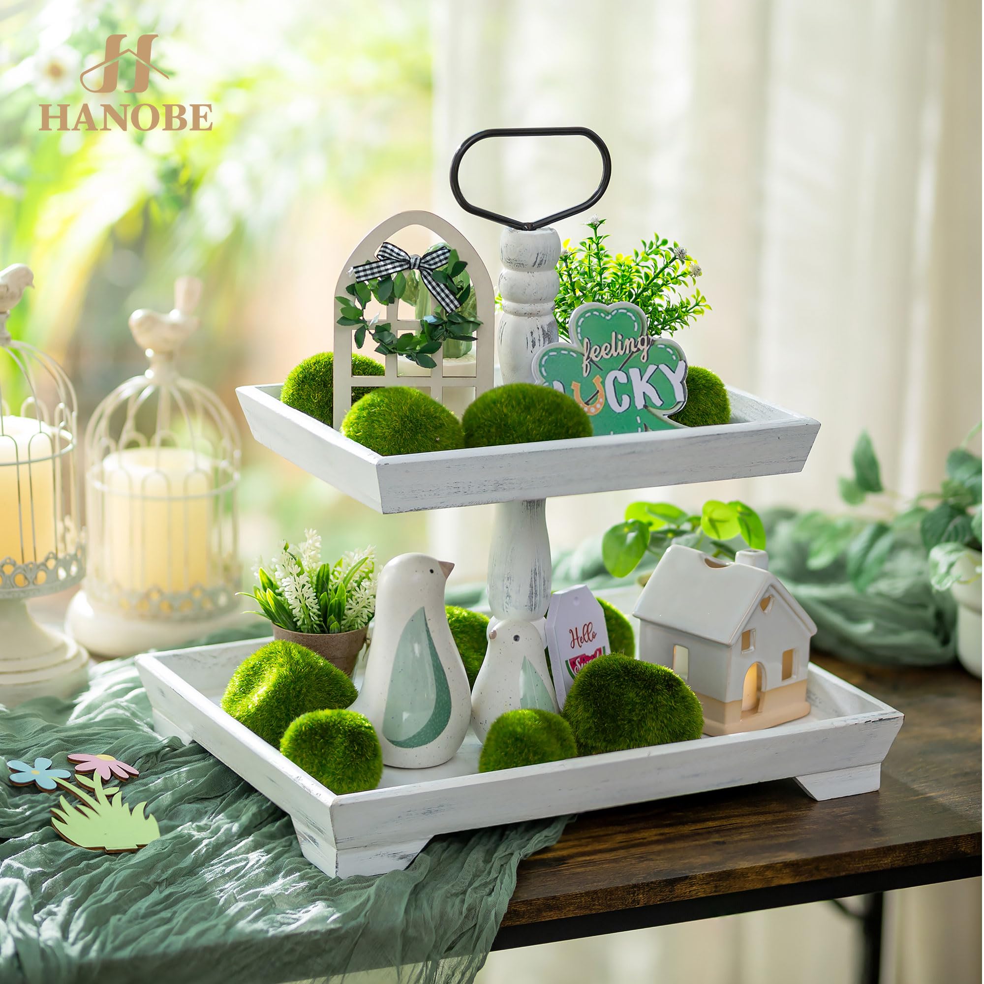 Hanobe Tiered Tray for Table Decor: 2 Tier Serving Stand Farmhouse Decorative Tray for Coffee Bar Centerpiece Rectangle Wood Display Stands Kitchen Counter (White)