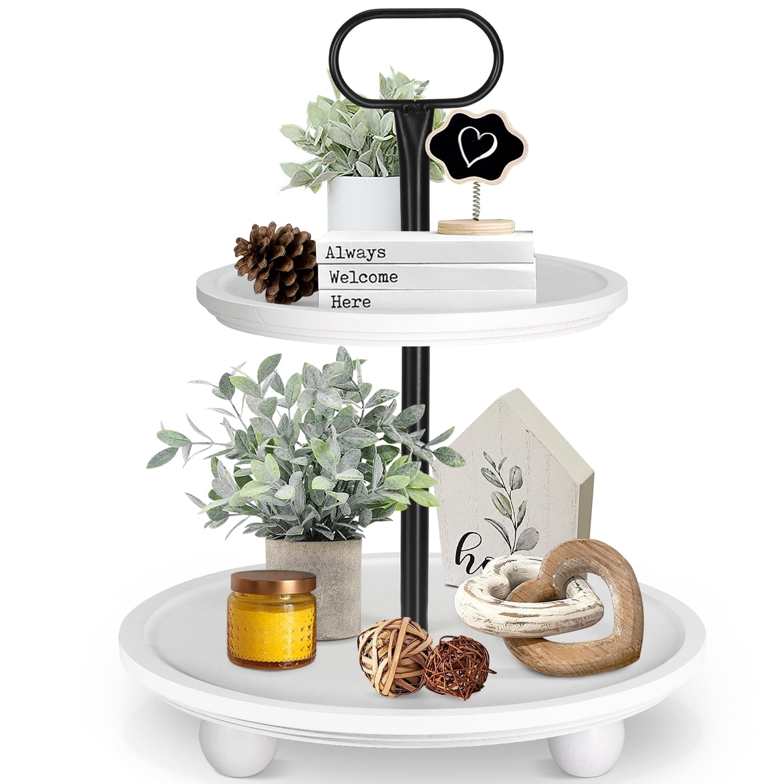 Farmhouse Tiered Tray Decor 2 Tier Tray with Handle, Wood Serving Tray for Kitchen Coffee Bar Table, Dessert Table Display Tray Cupcake Stand Perfect for Wedding Party Home Decor Display
