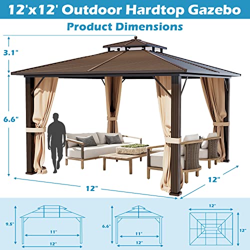 GAZEBEST 12' X 12' Permanent Hardtop Gazebo, Outdoor Galvanized Steel Double Roof Pavilion Pergola Canopy with Aluminum Frame Nettings and Curtains for Garden, Patio, Backyard, Deck and Lawns.