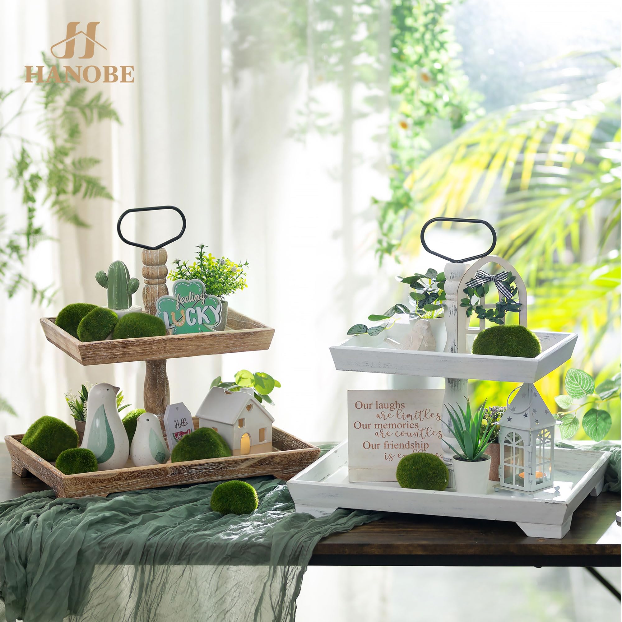 Hanobe Tiered Tray for Table Decor: 2 Tier Serving Stand Farmhouse Decorative Tray for Coffee Bar Centerpiece Rectangle Wood Display Stands Kitchen Counter (White)