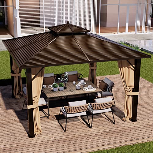GAZEBEST 12' X 12' Permanent Hardtop Gazebo, Outdoor Galvanized Steel Double Roof Pavilion Pergola Canopy with Aluminum Frame Nettings and Curtains for Garden, Patio, Backyard, Deck and Lawns.