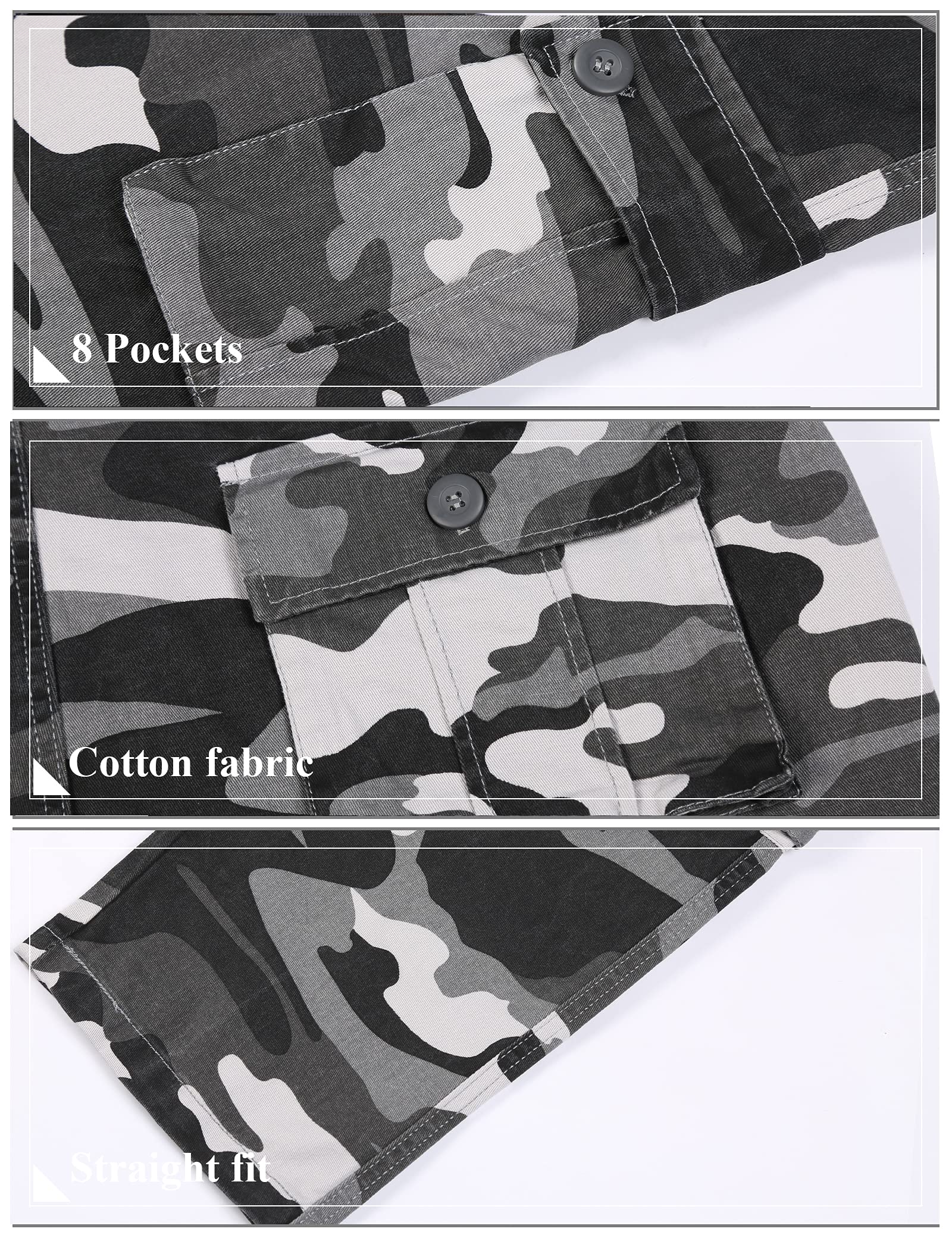 BOJIN Men's Cargo Pants Casual Military Army Camo Relaxed Fit Cotton Combat Camouflage Cargo Work Pants with 8 Pockets(CK026)- Camo Grey 38