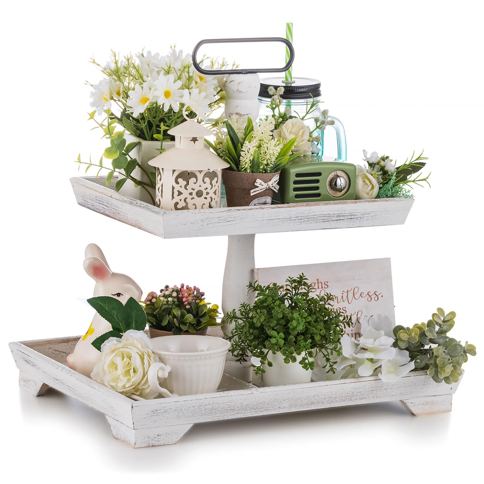 Hanobe Tiered Tray for Table Decor: 2 Tier Serving Stand Farmhouse Decorative Tray for Coffee Bar Centerpiece Rectangle Wood Display Stands Kitchen Counter (White)