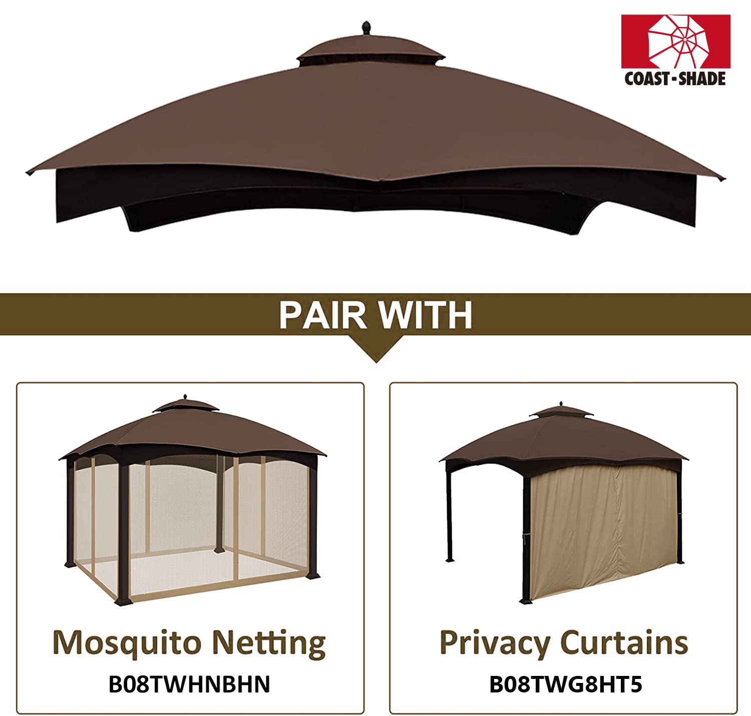 CoastShade Patio 10X12 Replacement Canopy Roof for Lowe's Allen Roth 10X12 Gazebo Backyard Double Top Gazebo #GF-12S004B-1(Brown)