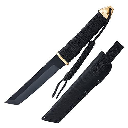 Leopcito 11.5" Japanese Fixed Blade Tactical Knives with Sheath, Stainless Steel Black Survival Hunting Bushcraft Full Tang Tanto Knife with Paracord Handle for Camping, Adventure, EDC, C101BK