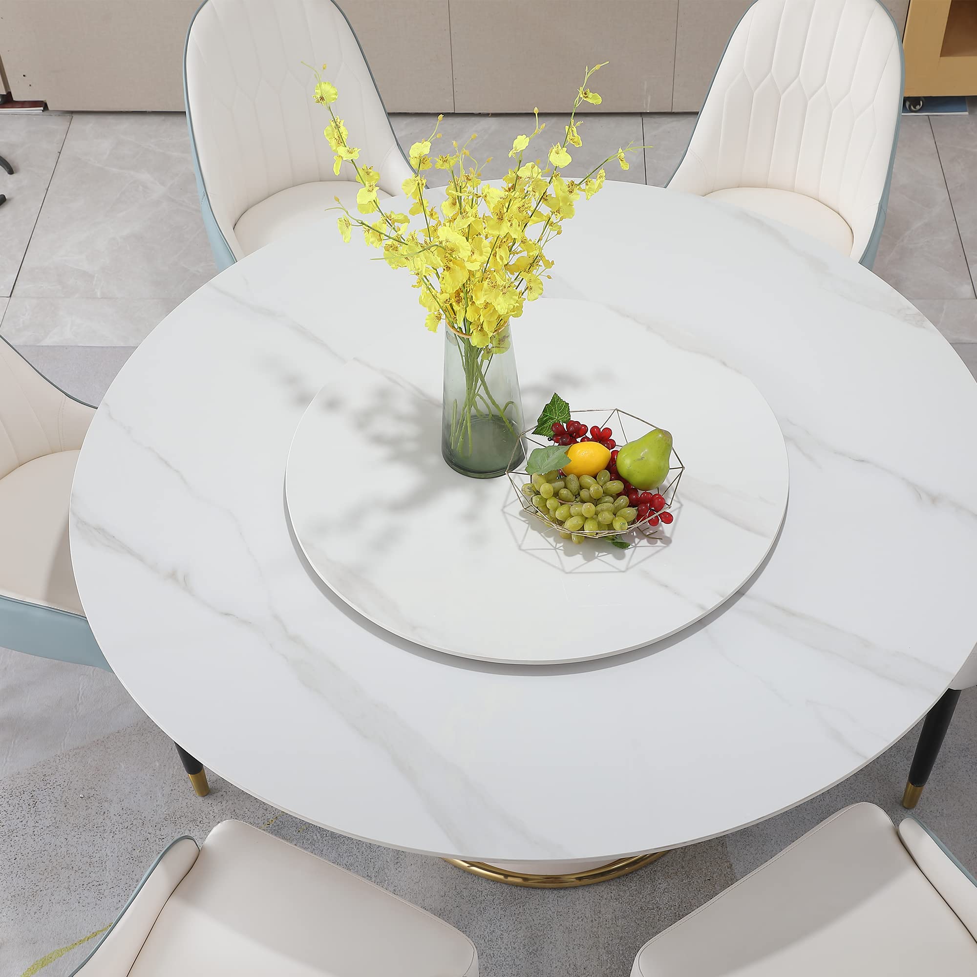 Voohek, Beige 59" Modern Sintered Stone Dining Table with Round-Shaped Metal Exquisite Pedestal Base and 31.5" Turntable, for Home, Kitchen, Living Room