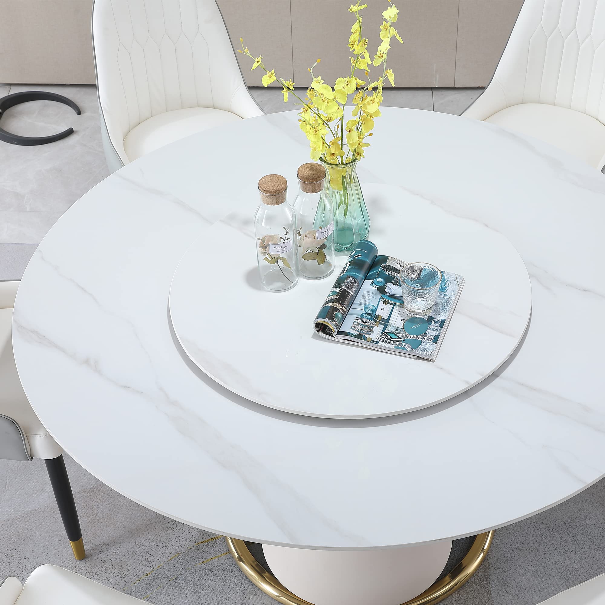 Voohek, Beige 59" Modern Sintered Stone Dining Table with Round-Shaped Metal Exquisite Pedestal Base and 31.5" Turntable, for Home, Kitchen, Living Room