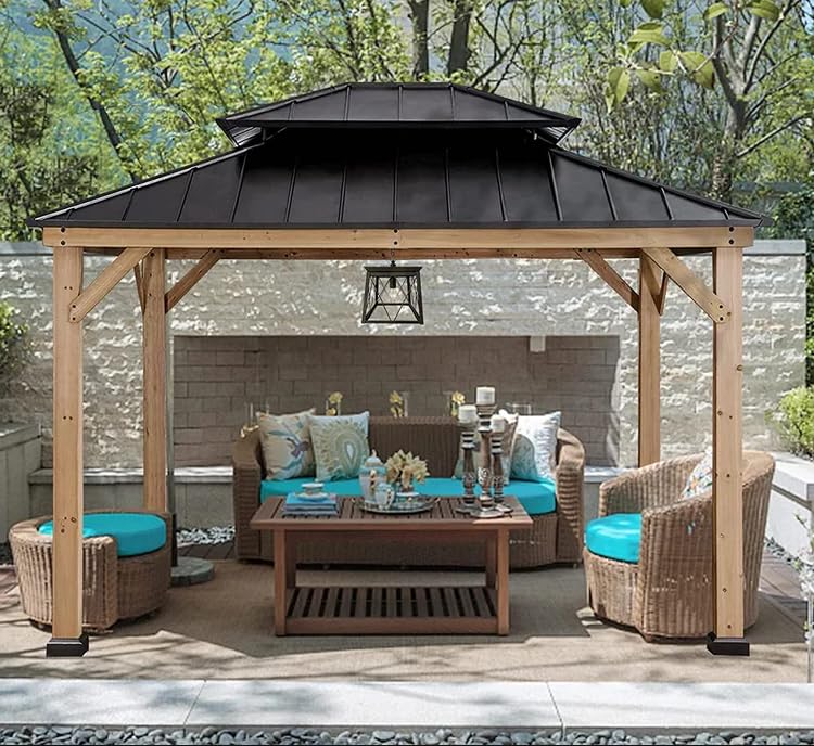 10' x 12' Hardtop Gazebo Solid Cedar Wood Gazebo with Galvanized Steel Double Roof, Outdoor Permanent Gazebo with Curtains and Netting for Patio Backyard Deck Lawn