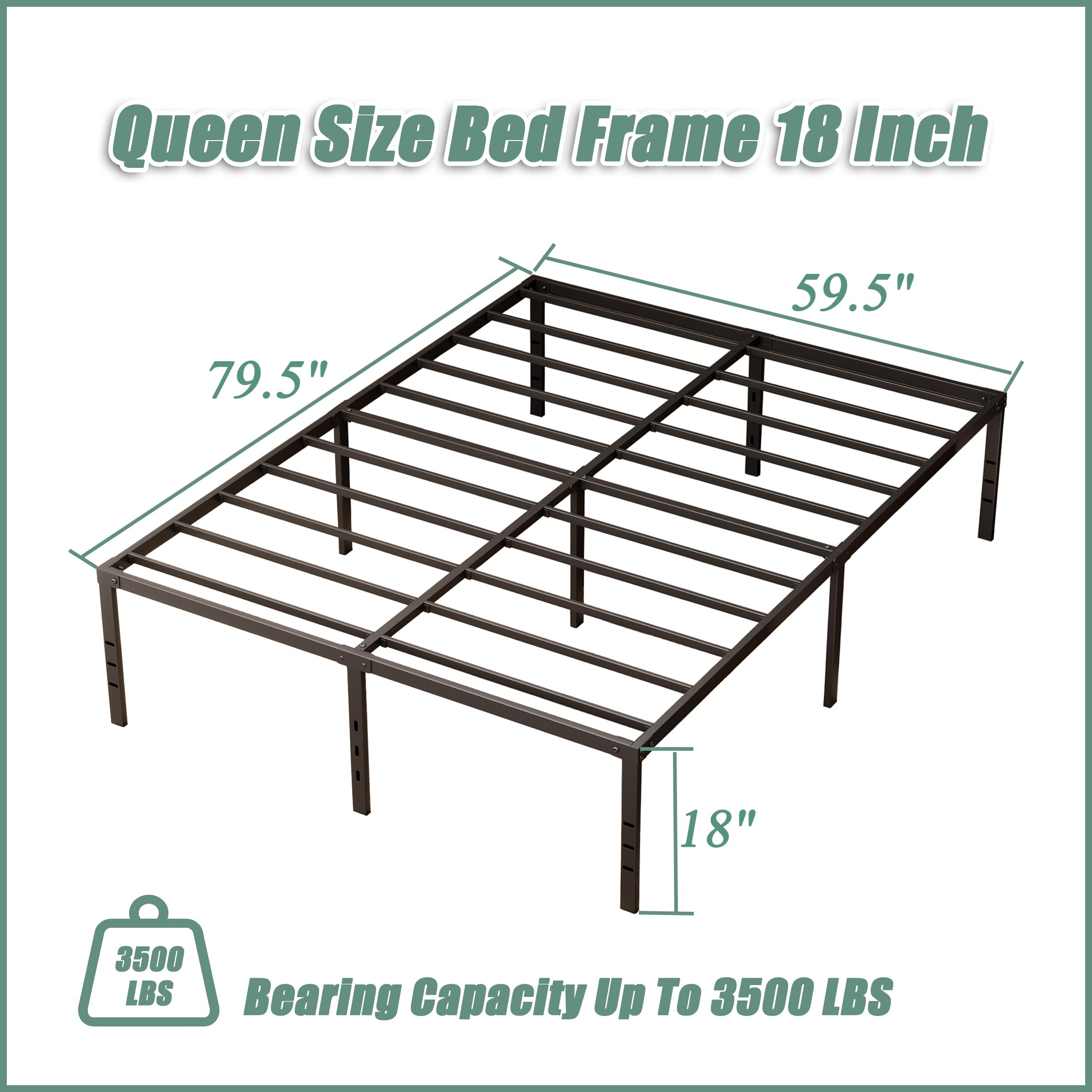 JTPTU Bed Frame Queen Size No Box Spring Needed,18 Inch High Heavy Duty Platform Queen Metal Bed Frame,Steel Slat Support,Noise Free,Easy Assembly Black