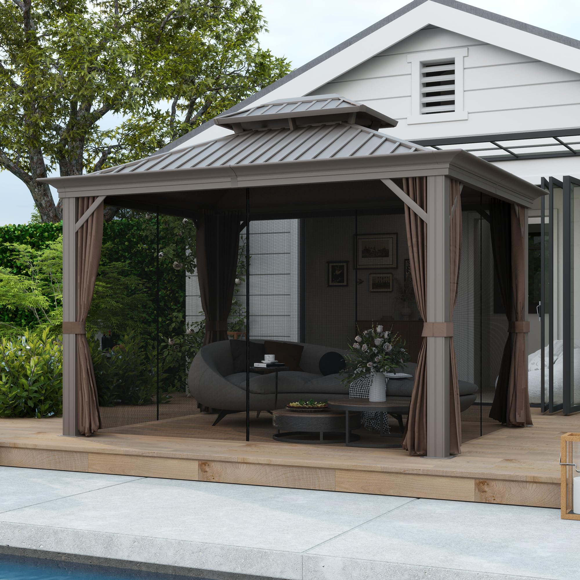 Outsunny 10' x 12' Hardtop Gazebo with Curtains and Netting, Permanent Pavilion Metal Double Roof Gazebo Canopy with Aluminum Frame and Hooks, for Garden, Patio, Backyard, Dark Brown